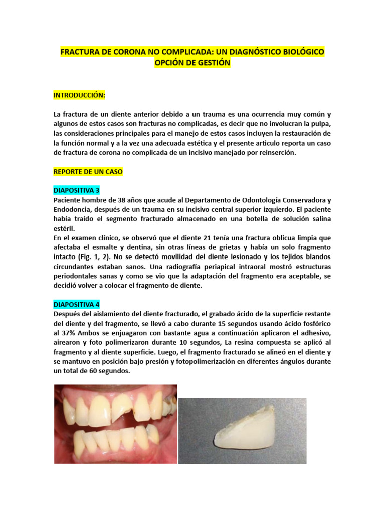 FRACTURA CORONAL NO COMPLICADA CASO CLÍNICO | PDF | Odontología | Diente