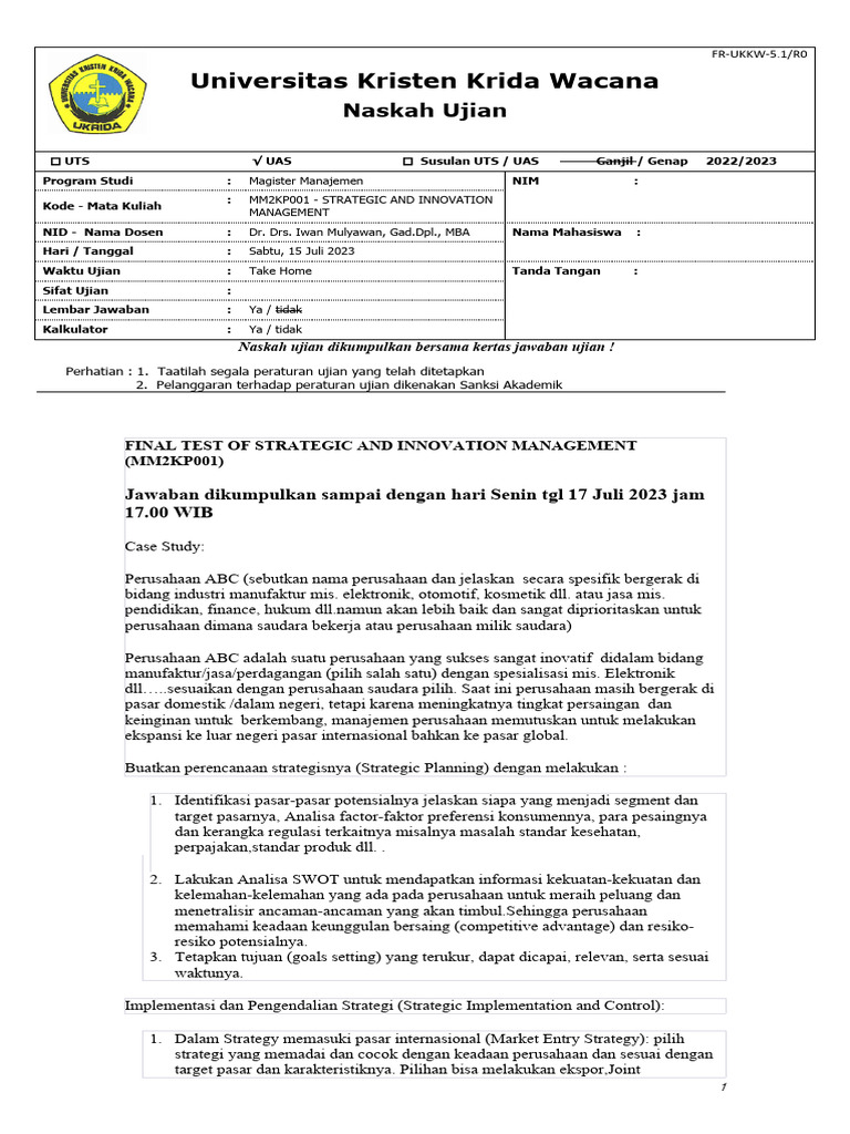 SOAL UAS MM2KP001 - STRATEGIC AND INNOVATION MANAGEMENT, KELAS 2PMMA ...