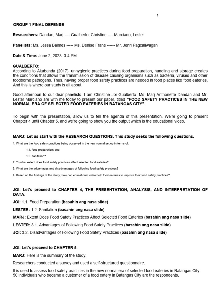Group 1 3is Script | PDF | Hand Washing | Foodborne Illness