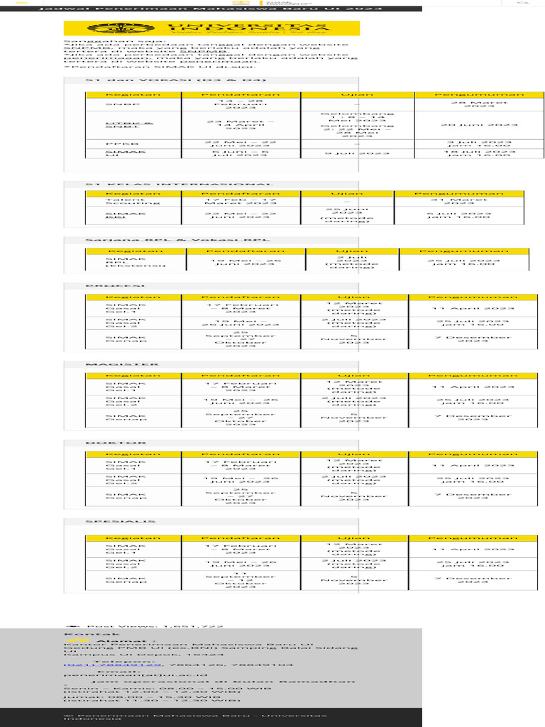 Jadwal Penerimaan Mahasiswa Baru UI 2023 - SIMAK UI | PDF