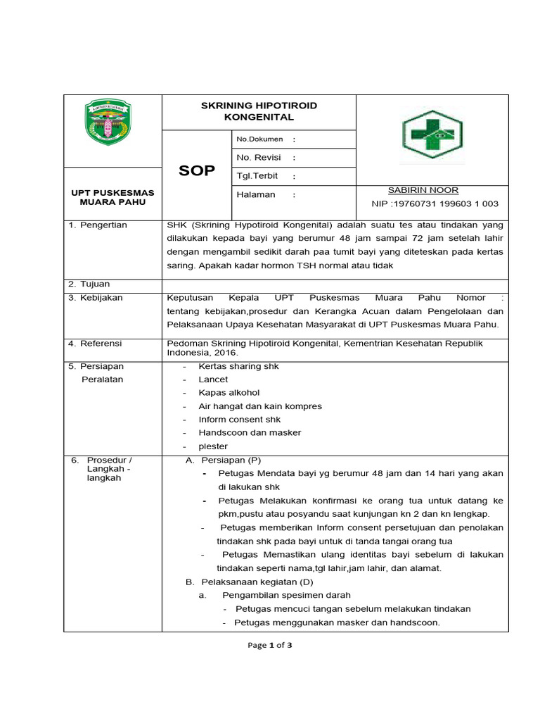 SOP Skrining Hipotiroid Bayi | PDF | Kesehatan Holistik