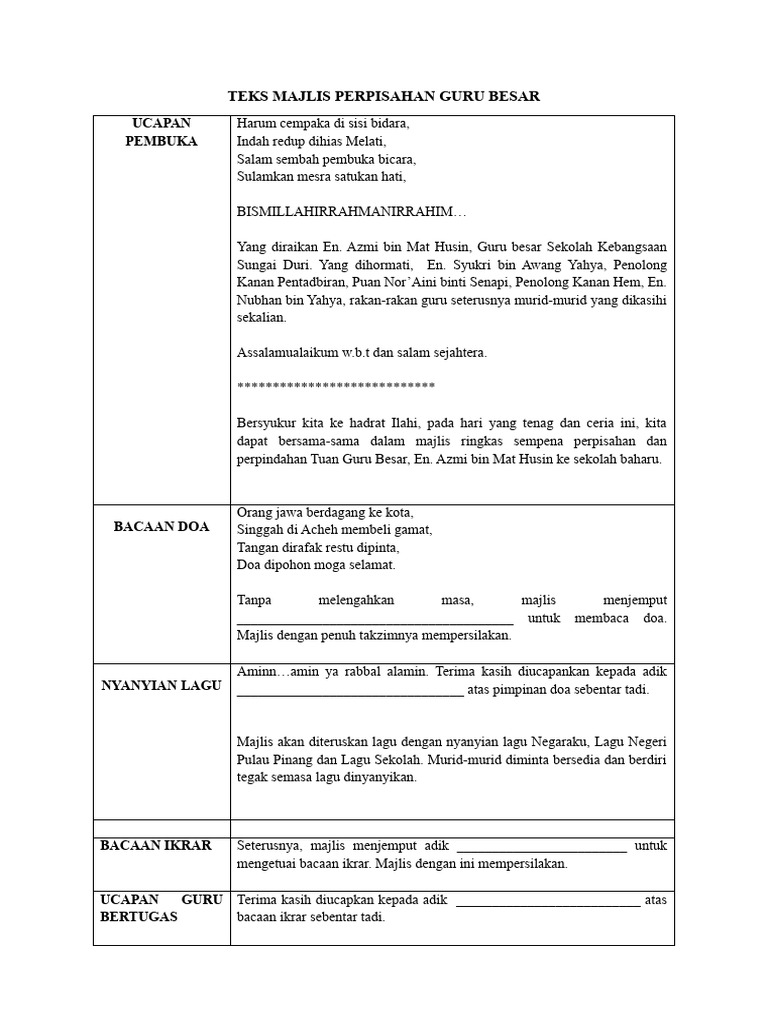 Teks Majlis Perpisahan Guru Besar | PDF