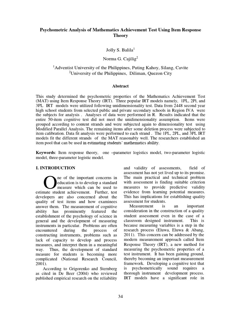 Psychometric Analysis of Mathematics Achievement Test Using Item ... Psychometric Analysis of Mathematics Achievement Test Using Item ...
