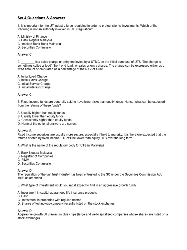 Unit Trust (UT) Sample Questions - Set 4 | PDF | Investment Fund | Investing