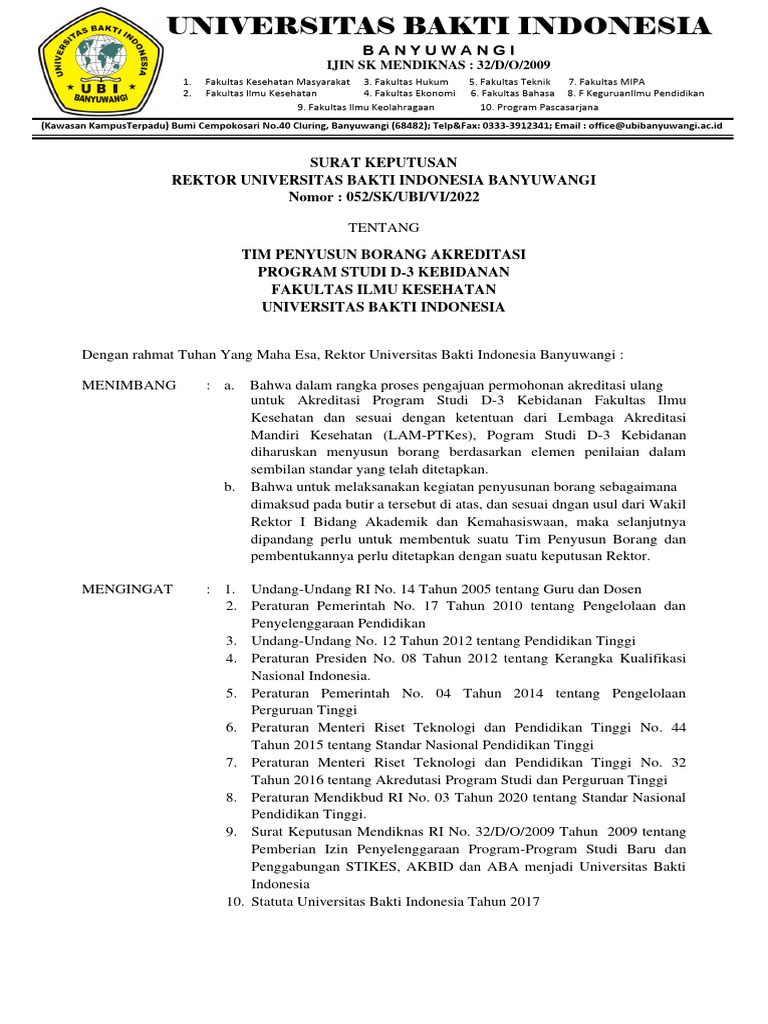 052 SK Tim Penyusun Borang Akreditasi Prodi D3 Kebidanan Revisi | PDF | Sains & Matematika