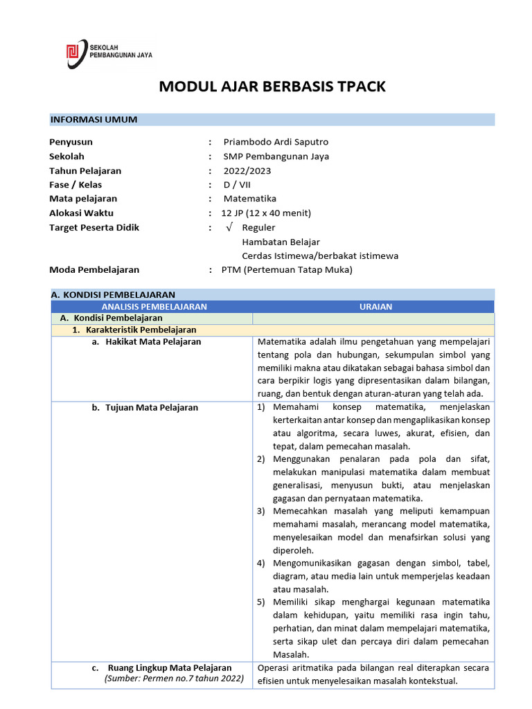 CONTOH Modul Ajar Berbasis TPACK - Bilangan Bulat | PDF