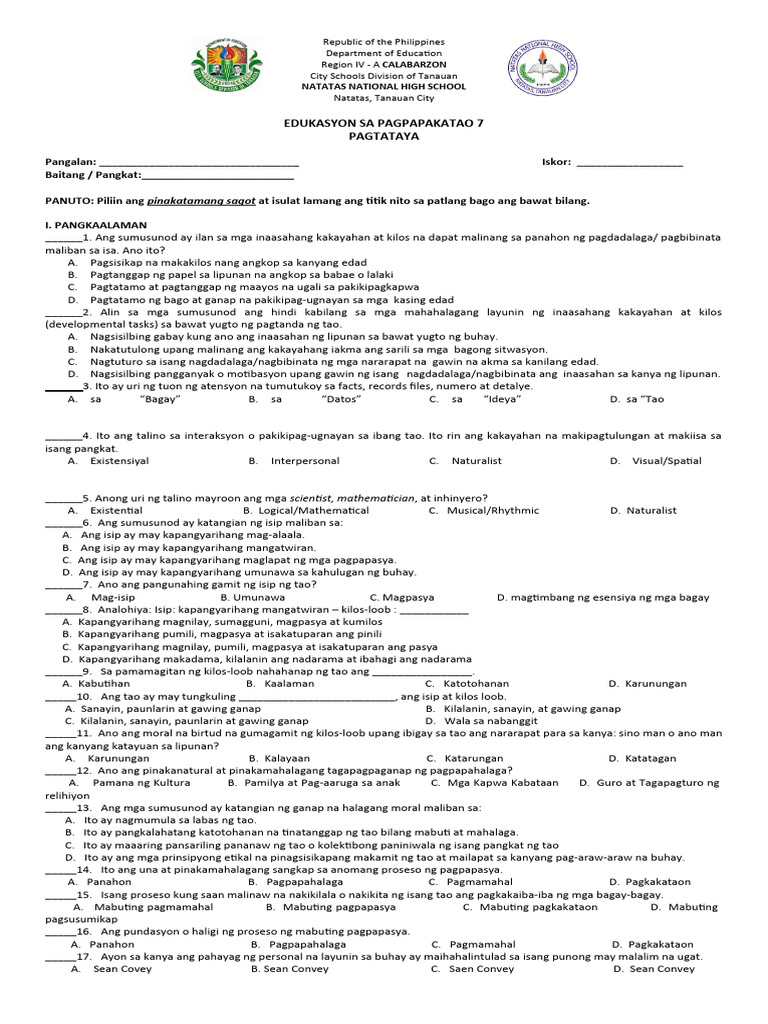 ESP 7_Pagtataya (pre & post) | PDF