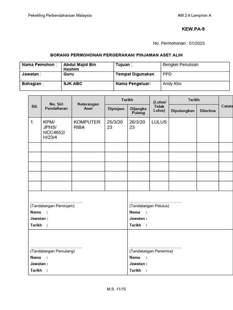 KEW - PA-9 (Borang Pergerakan Pinjaman Aset Alih) | PDF