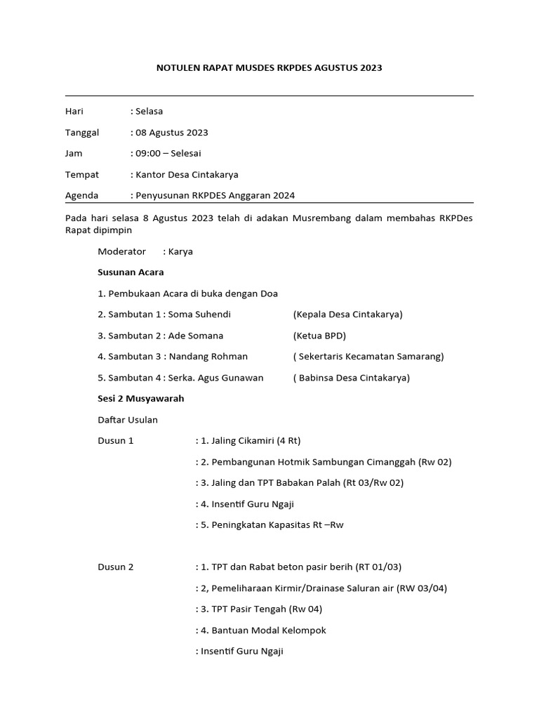 Notulen Rapat Musdes Rkpdes Anggaran 2024 | PDF | Ilmu Sosial | Sains ...