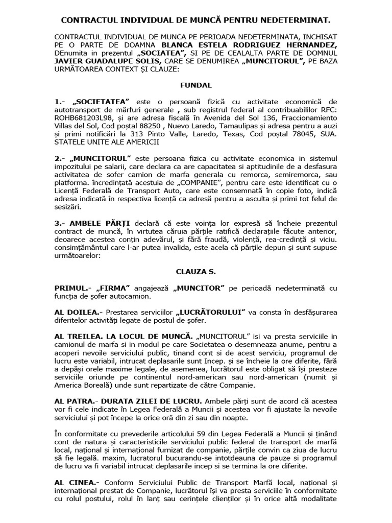 Contract Individual de Munca Sofer | PDF