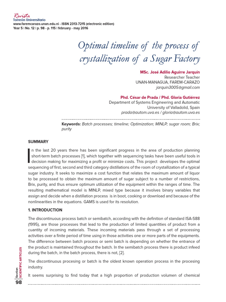Optimal Timeline of The Process of Crystallization of A Sugar Factory | PDF