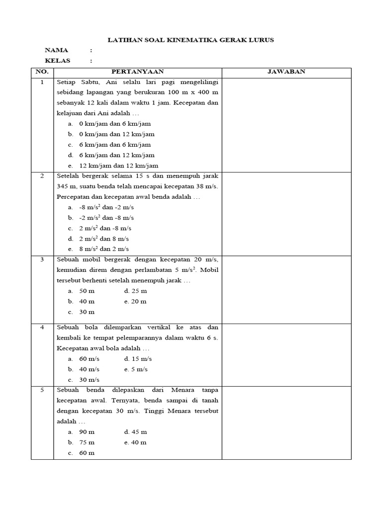 LATIHAN SOAL KINEMATIKA GERAK LURUS | PDF