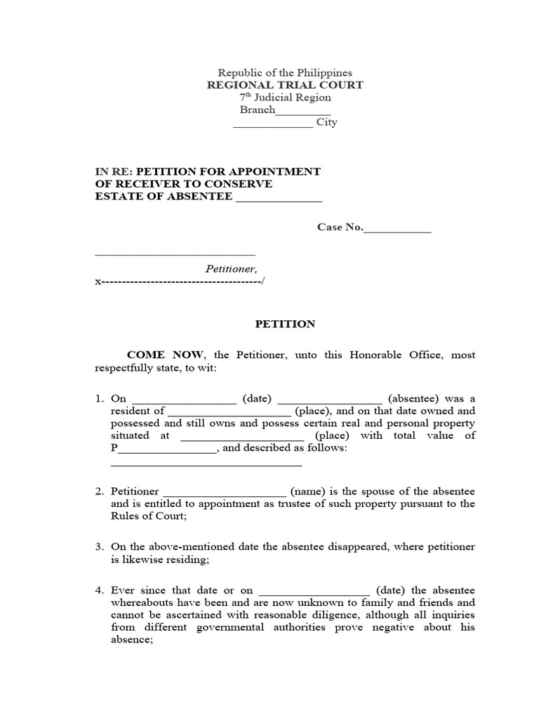 Petition For Appointment of Receiver To Conserve Estate of Absentee ...