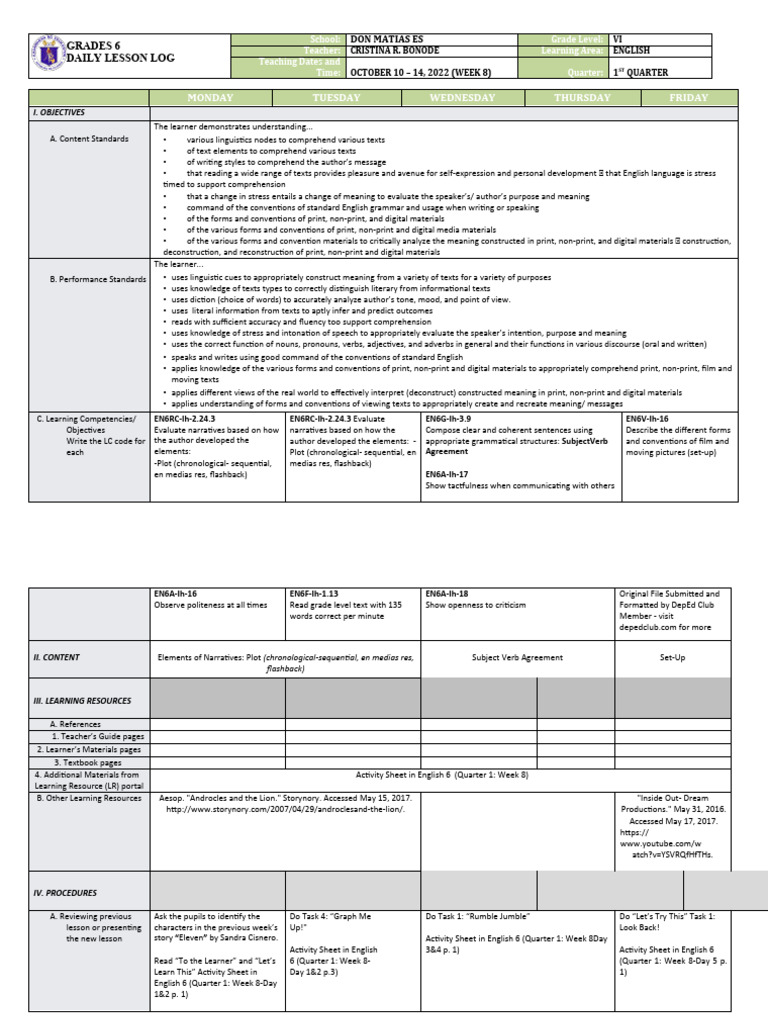 DLL - English 6 - Q1 - W8 | PDF DLL - English 6 - Q1 - W8 | PDF