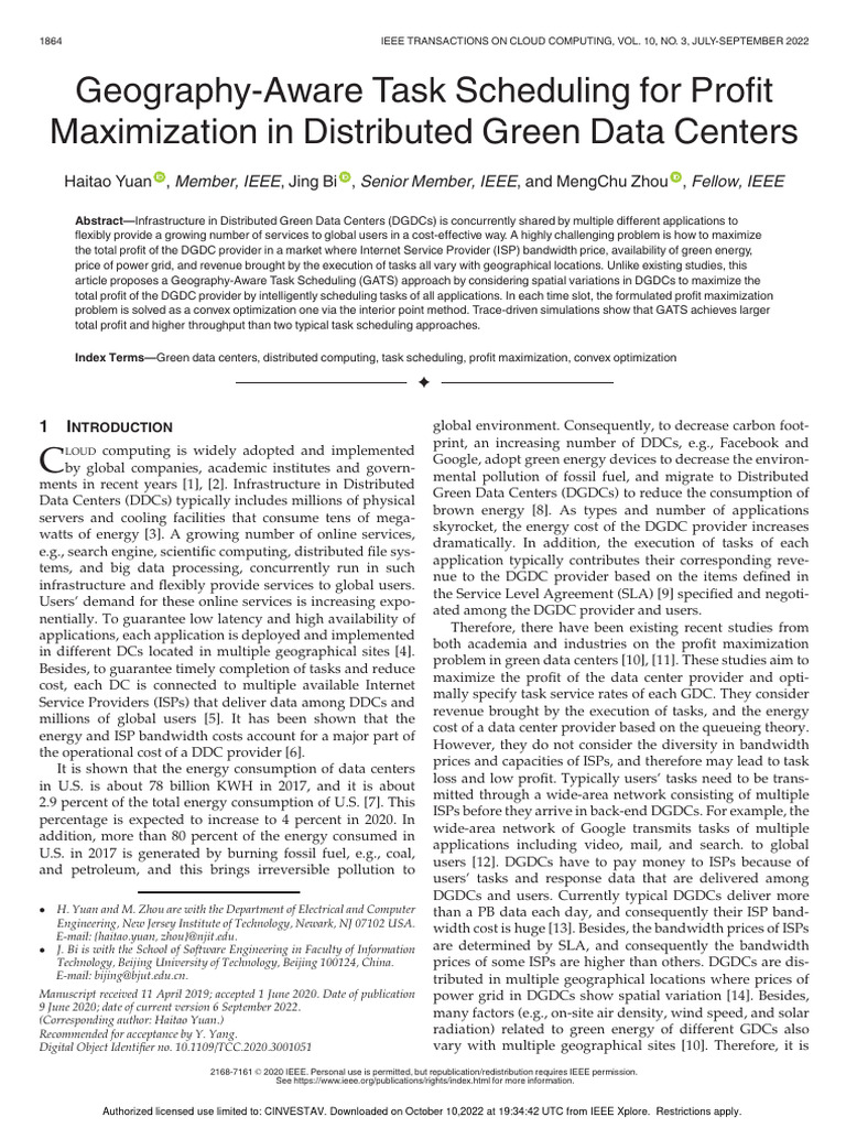 Geography Aware Task Scheduling For Profit Maximization In Distributed Green Data Centers Pdf