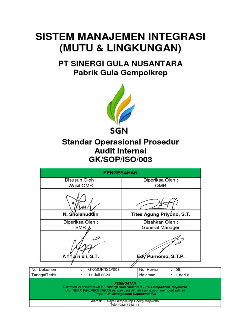 SOP Audit Internal PT Sinergi Gula | PDF