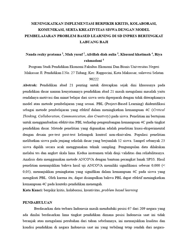 PBL Tingkatkan 4C Siswa SD | PDF | Karier & Perkembangan