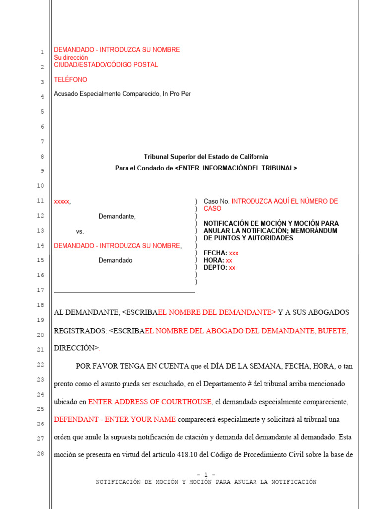 MUESTRA de Moción para Anular El Servicio | PDF | Demanda judicial | Correo