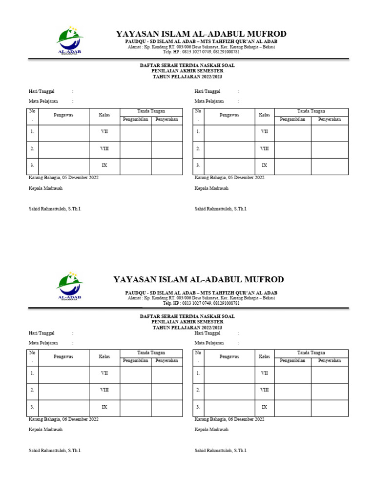 Daftar Serah Terima Naskah Soal PAS GANJIL 2022-2023 | PDF