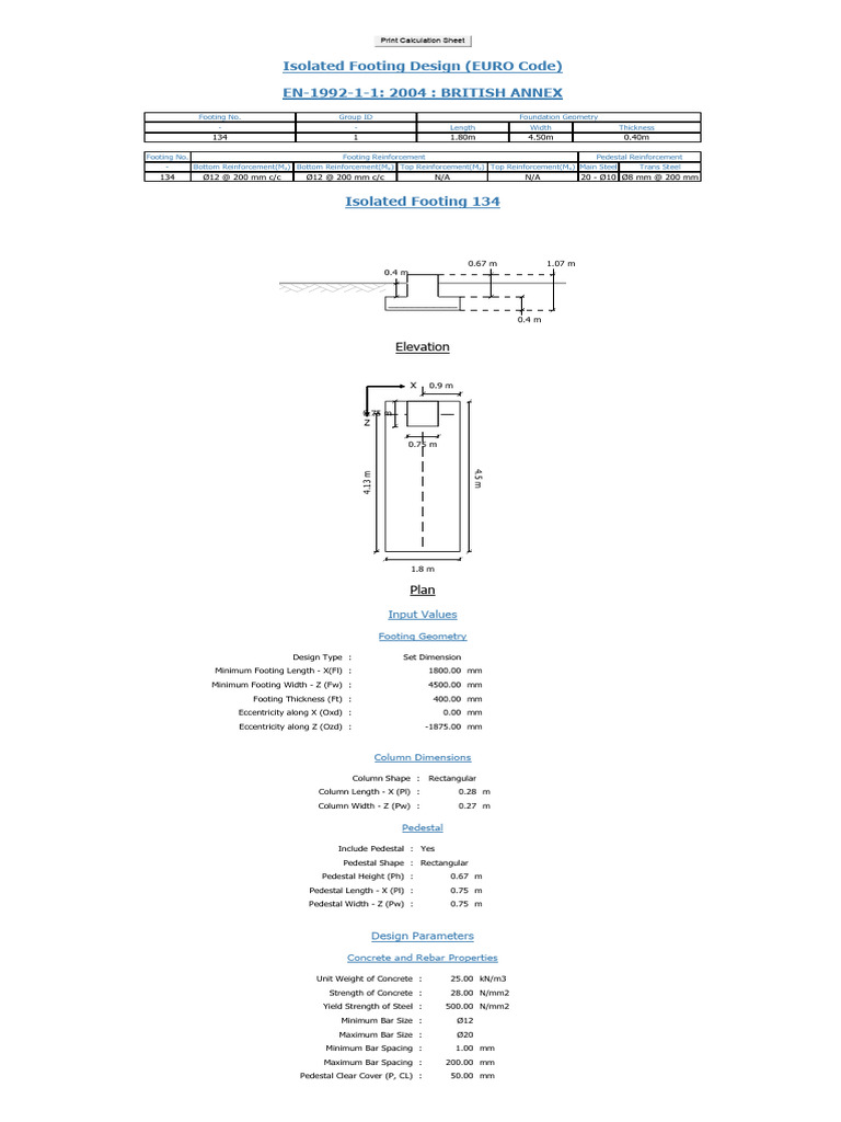 Isolated Footing Design Calculation Sheet | PDF