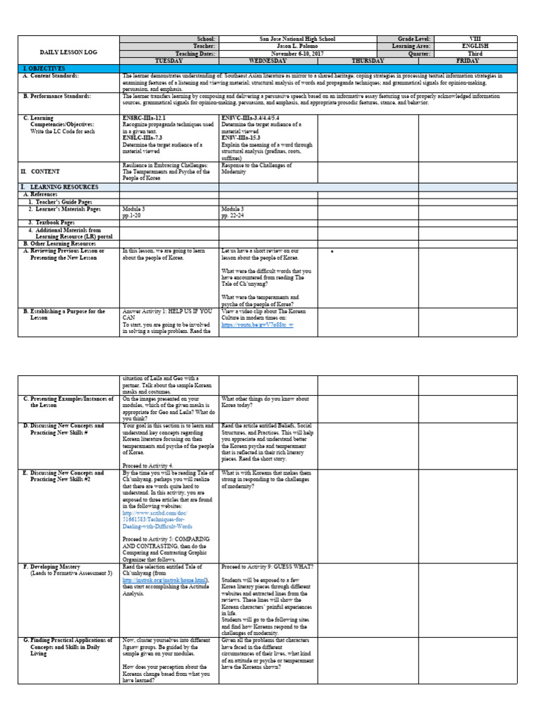 DLL ENG8 3RDQ 1st Week | PDF | Learning | Korean Language