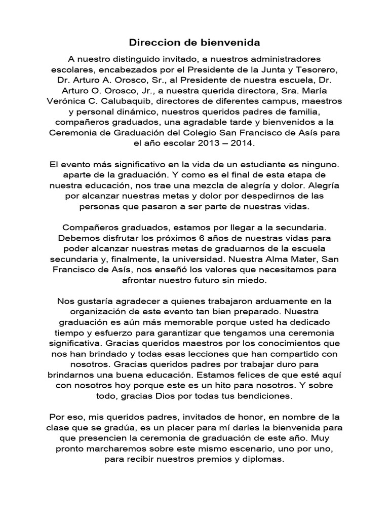 Discurso De Bienvenida Para La Graduación Pdf