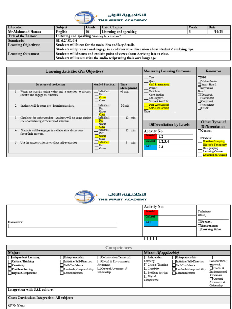 Lesson Plan Listening and Speaking | PDF | Cognitive Psychology | Teaching