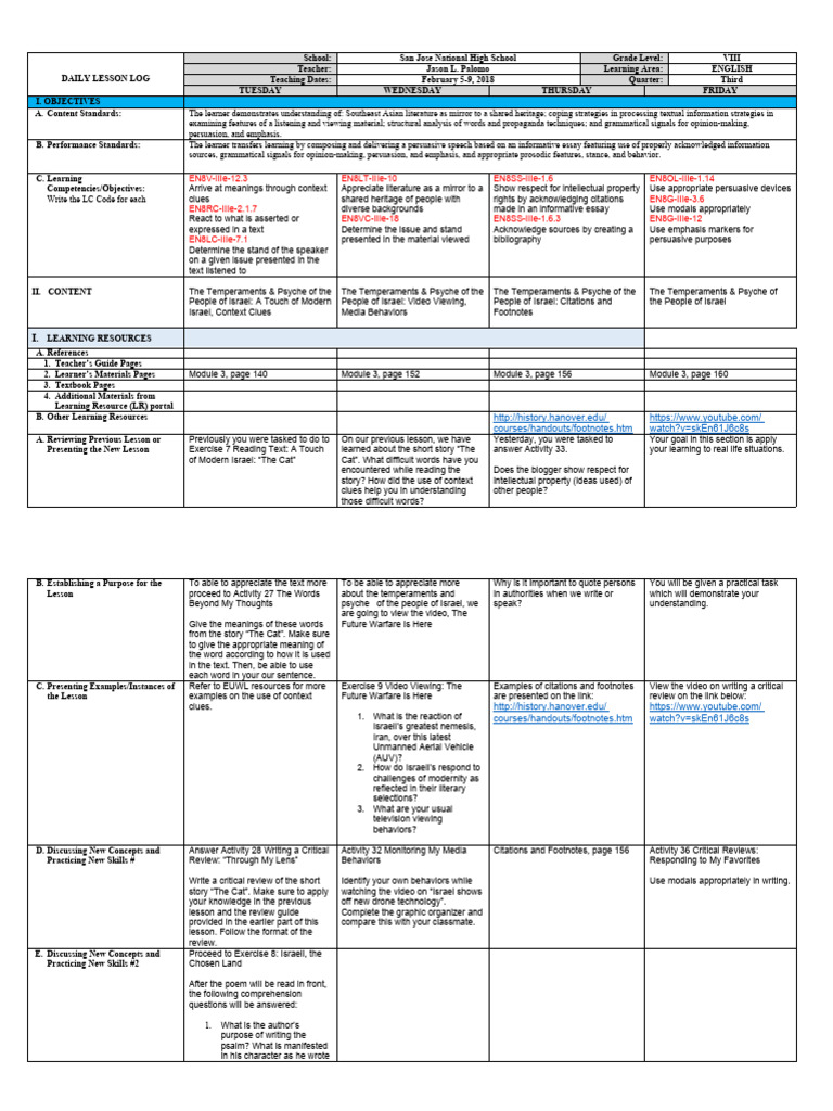 DLL ENG8 3RDQ 11th Week | PDF | Learning | Citation