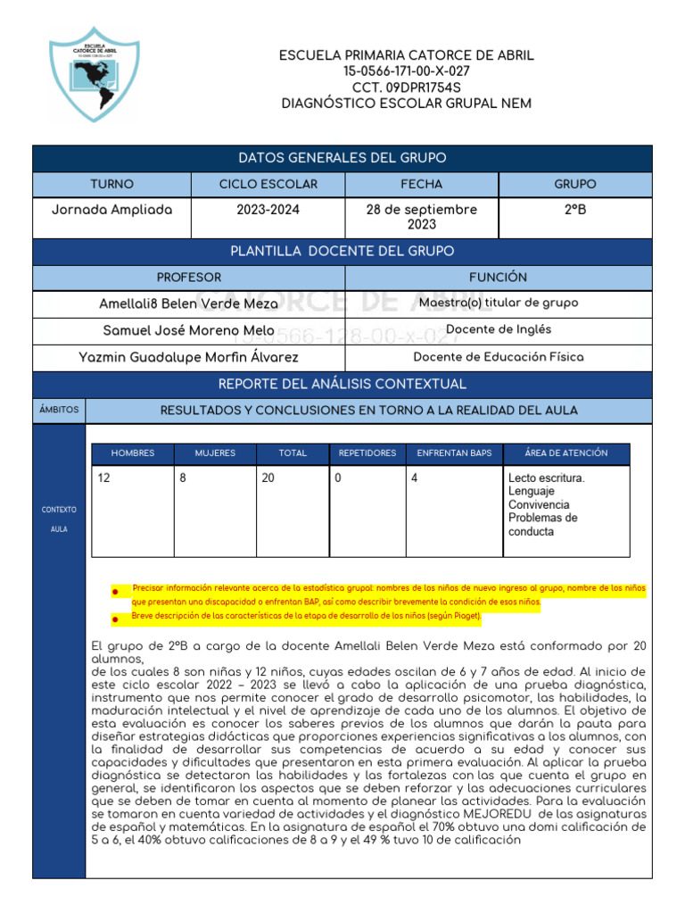 FORMATO DIAGNOSTICO GRUPAL inicial | PDF | Evaluación | Maestros