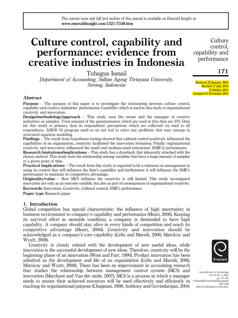 Culture Control, Capability and Performance - Evidence From Creative ...
