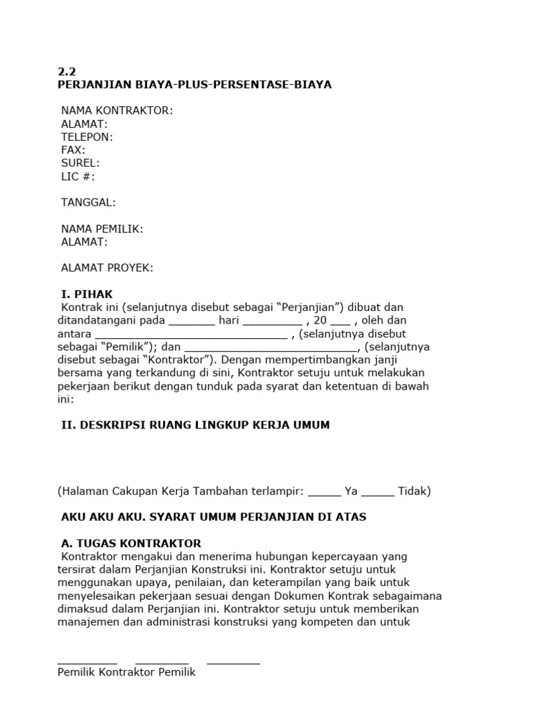 Perjanjian Biaya-Plus-Persentase-Biaya | PDF