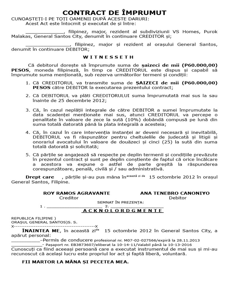 Exemplu de Contract de Împrumut | PDF