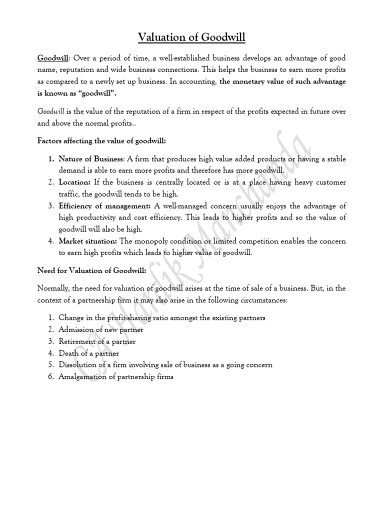 Goodwill Notes Class 12 | PDF | Goodwill (Accounting) | Expense