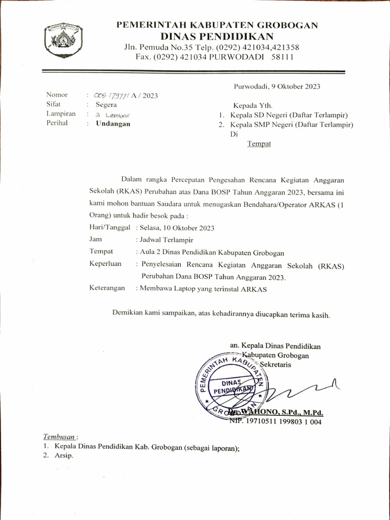 Undangan Penyelesaian RKAS Perubahan Dana BOSP TA.2023 | PDF