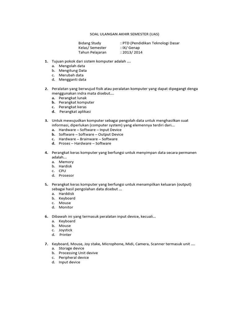 Soal UAS PTD Kelas IX 2013/2014 | PDF | Komputer