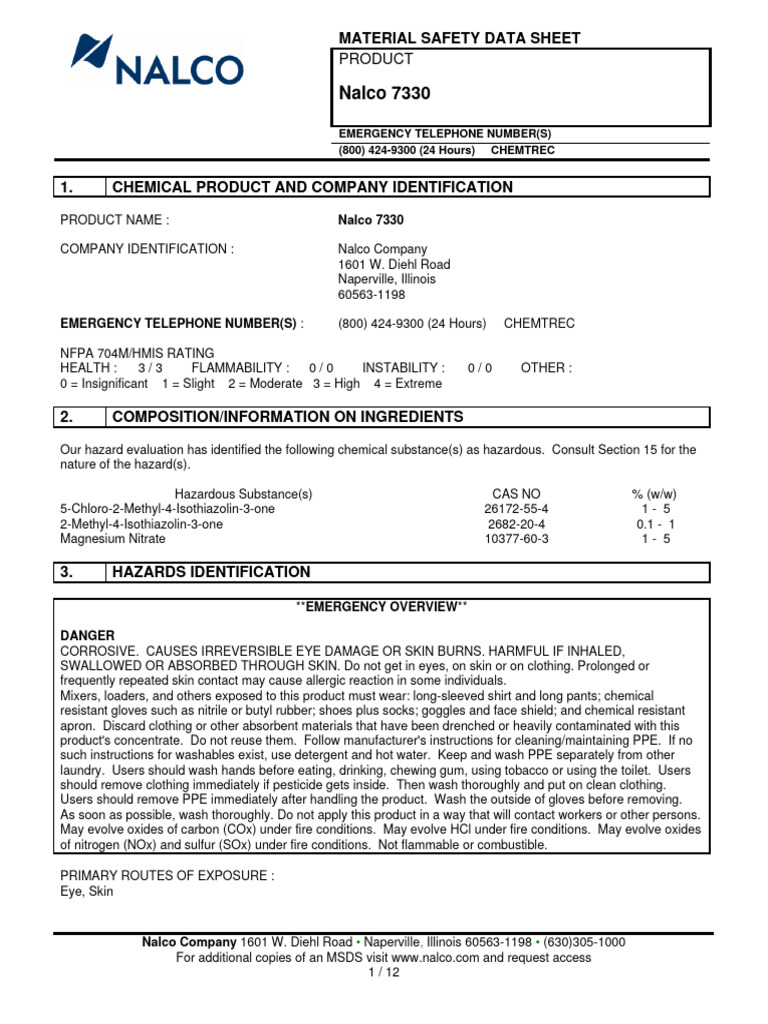 MSDS Nalco@N7330 | PDF | Clean Water Act | Toxicity