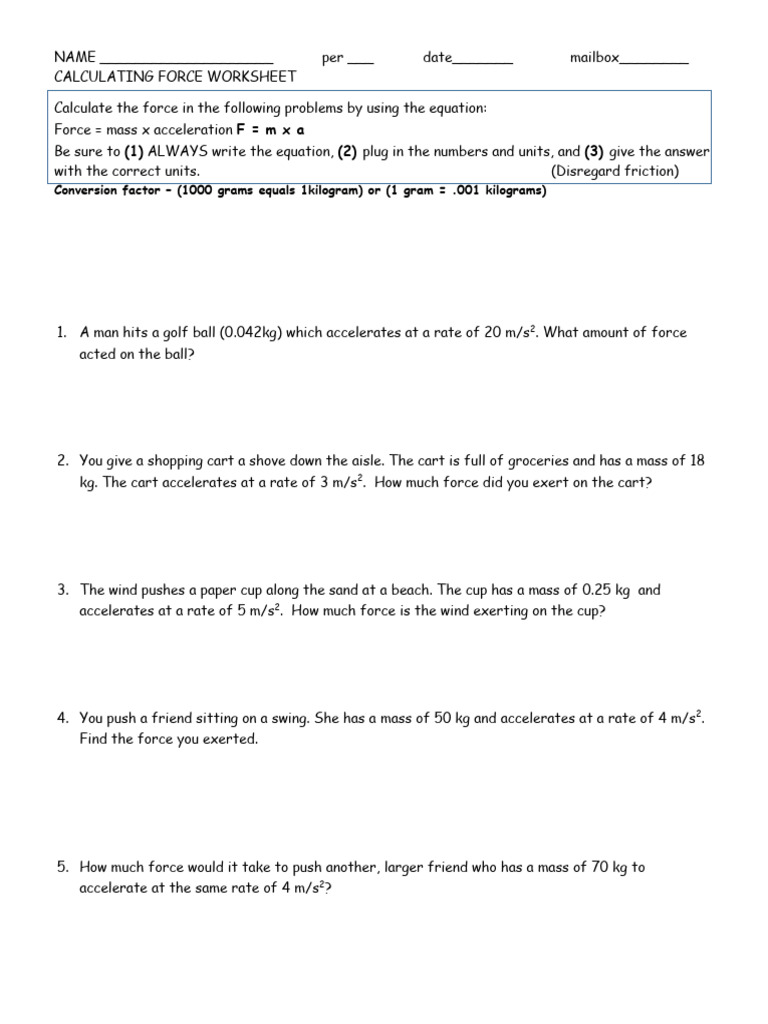 Calculating Force W.S. and Force Practice Problems | PDF | Force | Mass