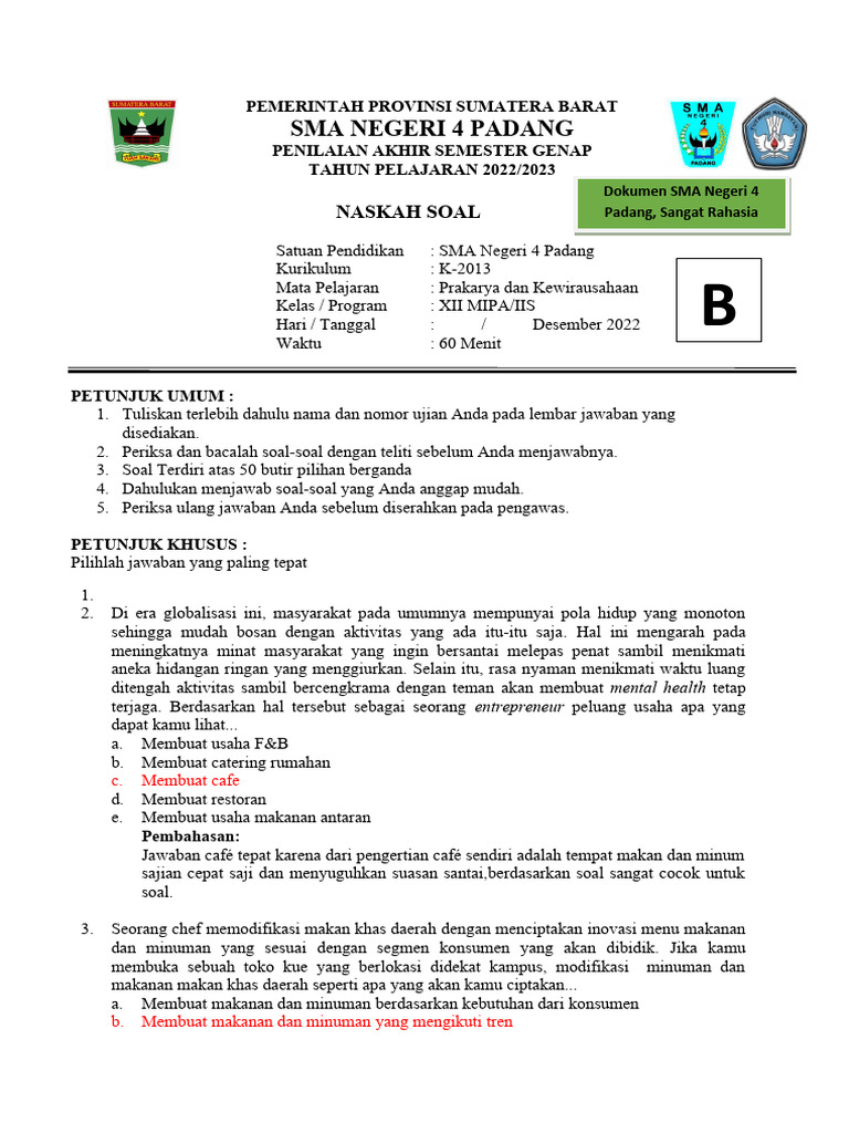 Validasi Soal Pas Paket B Pkwu Kelas Xii Sem 1 2022-2023 | PDF