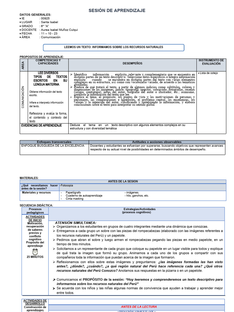 SESIÓN DE APRENDIZAJE LEEMOS UN TEXTO DESCRITPTIVO-1 INFORMAMOS SOBRE LOS RECURSOS NATURALES ...