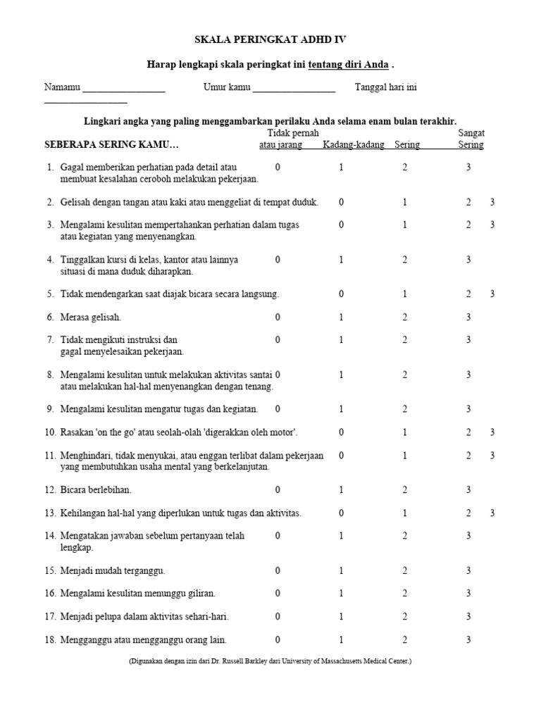 Skala Penilaian Adhd Dewasa Barkley | PDF