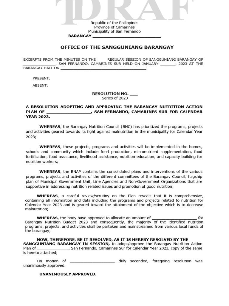 Barangay Nutrition Action Plan Resolution | PDF | Malnutrition | Nutrition