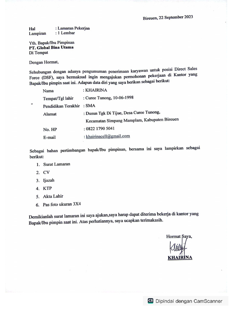 Lamaran KHAIRINA DSF | PDF