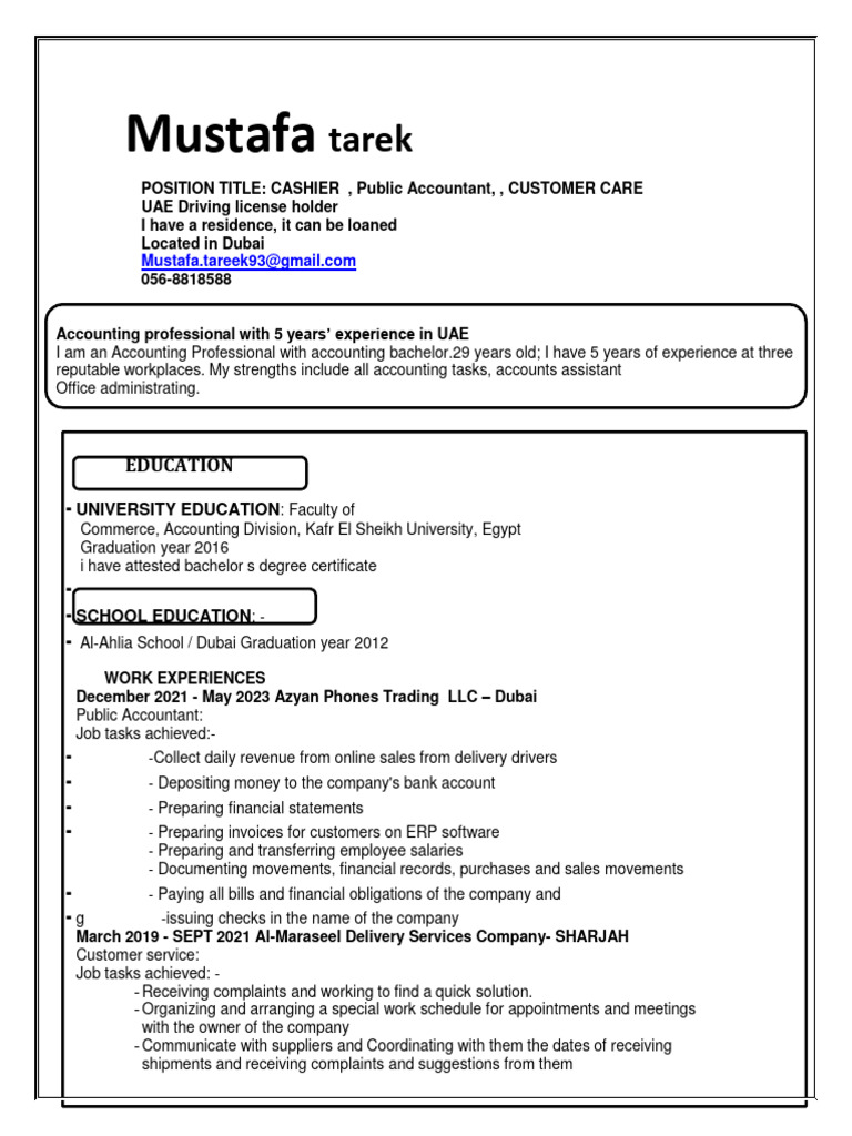 CV - MUSTAFA TAREK (Cashier) | PDF | United Arab Emirates | Dubai CV - MUSTAFA TAREK (Cashier) | PDF | United Arab Emirates | Dubai