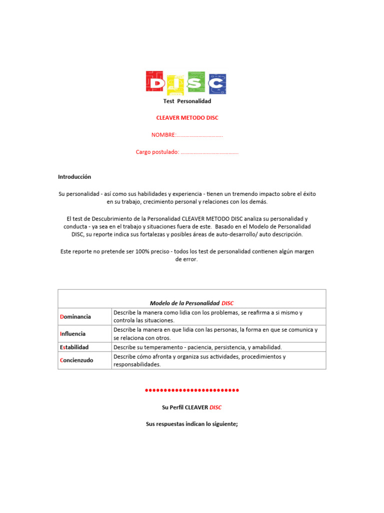 Informe ejemplo Cleaver metodo Disc | PDF | Sicología | Conceptos ...