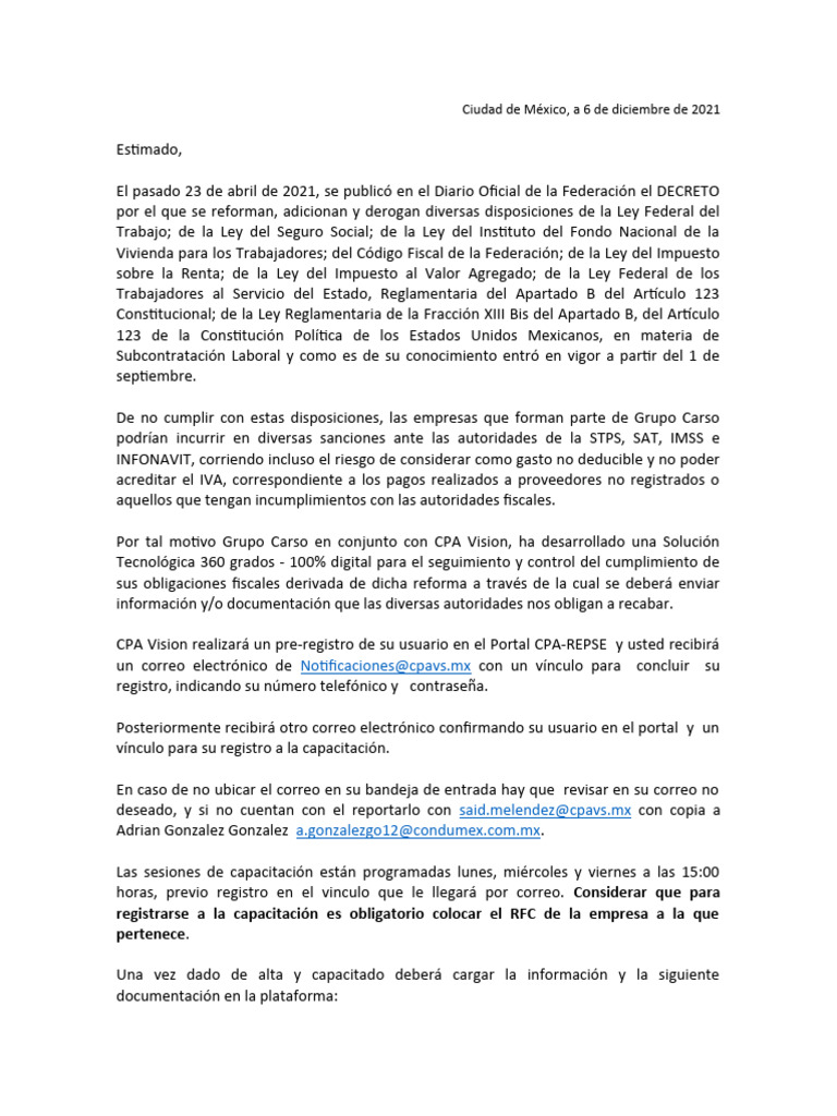 Carta Proveedores REPSE | Descargar gratis PDF | México | Outsourcing