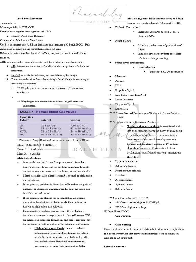 NCM112 Acid Base Disorders | PDF | Medicine | Physiology