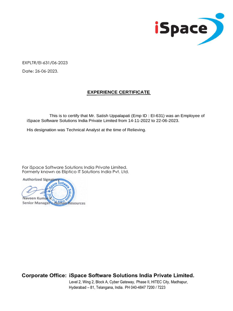 Experience Certificate: Corporate Office: Ispace Software Solutions ...