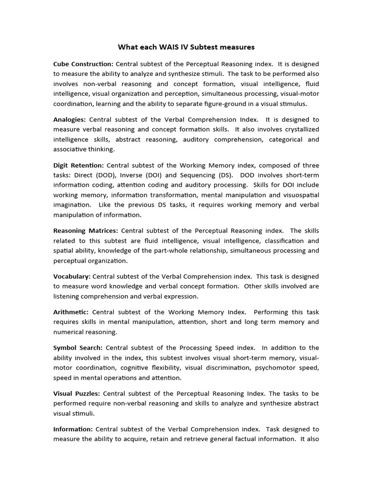 WAIS IV Subtests Overview | PDF | Wechsler Adult Intelligence Scale ...
