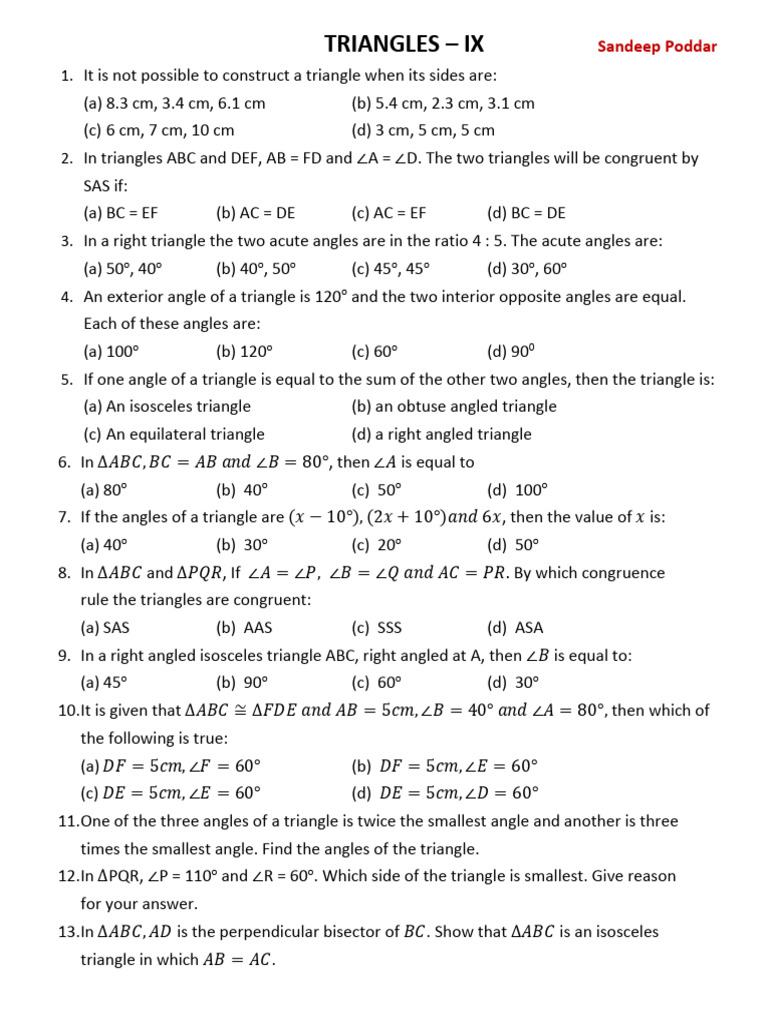 Class 9 Triangle Congruence MCQs | PDF