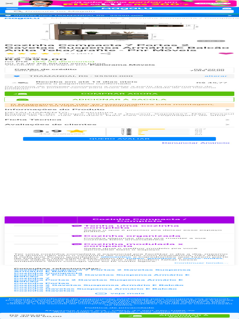 Cozinha Compacta 7 Portas 2 Gavetas Suspensa Armário E Balcão Anita Tekagrafite - PNR Móveis ...